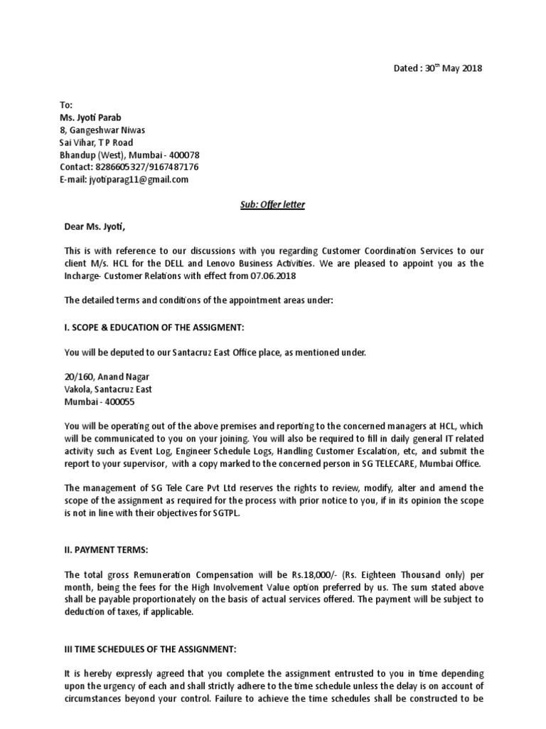 Offer Letter - SG TELE - DELL Project | PDF