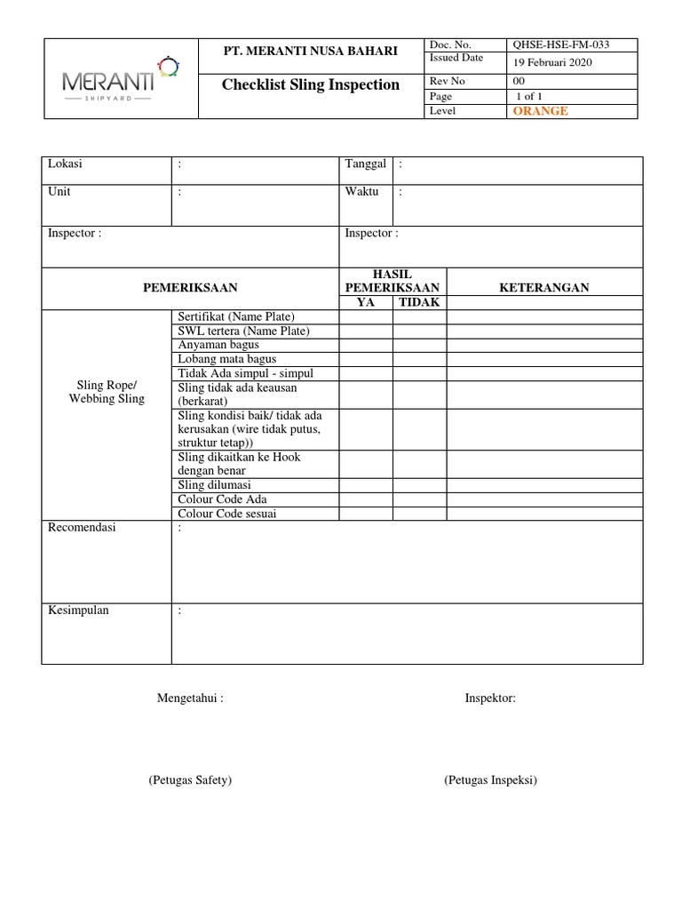QHSE-HSE-FM-033 Inspeksi Wire Sling | PDF