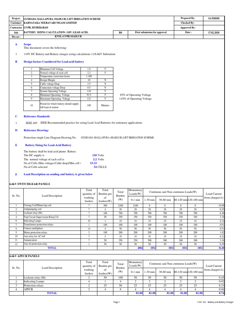 110V DC Battery Charger Sizing Guide | PDF