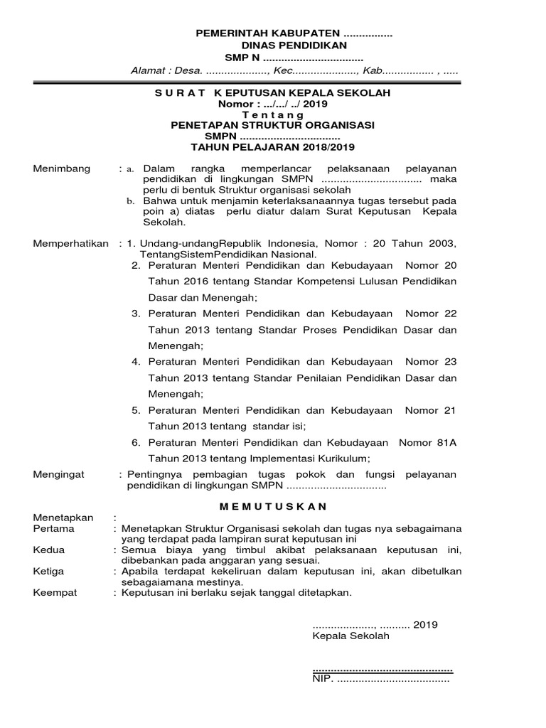 Surat Keputusan Penetapan Struktur Pelaksana Organisasi Sekolah | PDF ...