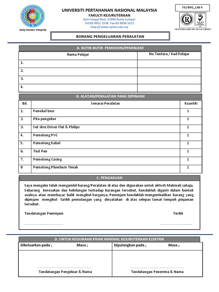 BRG - LAB 4a - Borang Peralatan Makmal FKJ | PDF