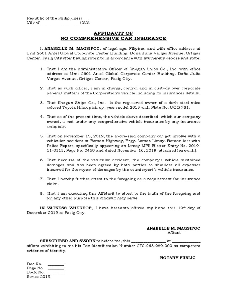 Affidavit of No Comprehensive Insurance | PDF