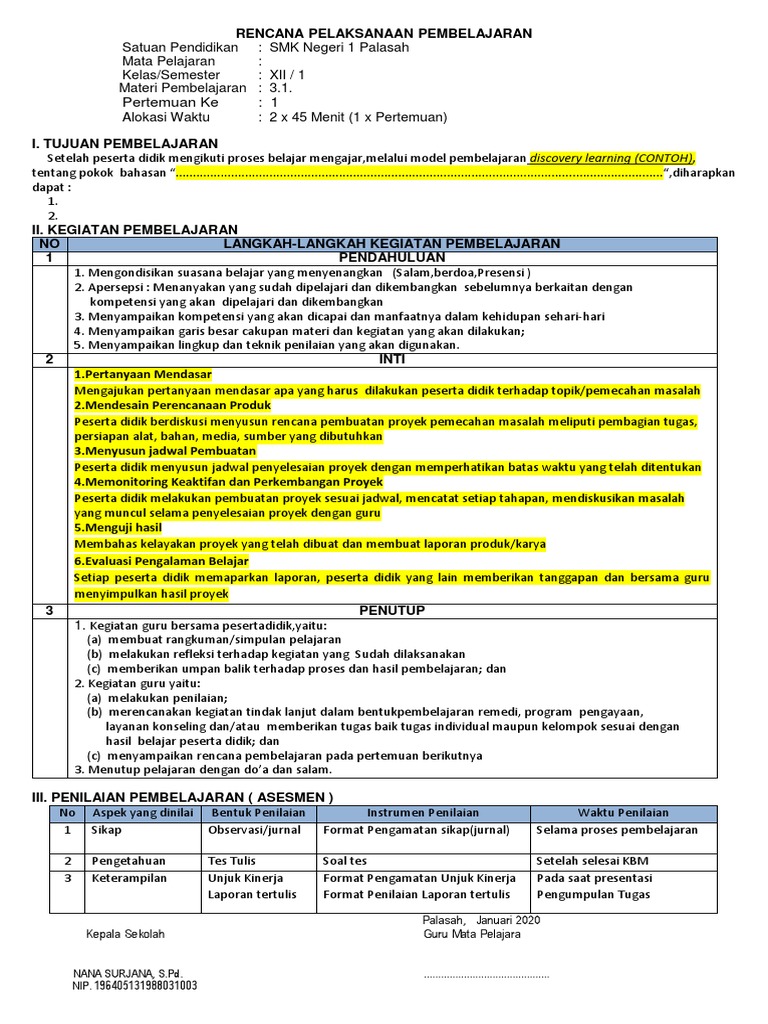 Format RPP Satu Lembar Model Project-Based Learning | PDF