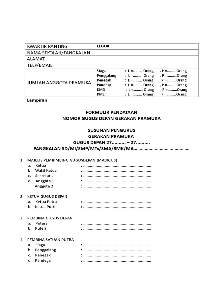 Formulir Pendataan Pengurus Dan Nomor Gugus Depan | PDF