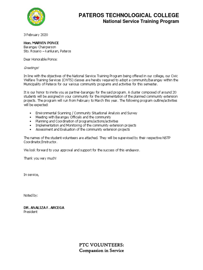 NSTP Letter To Brgy | PDF