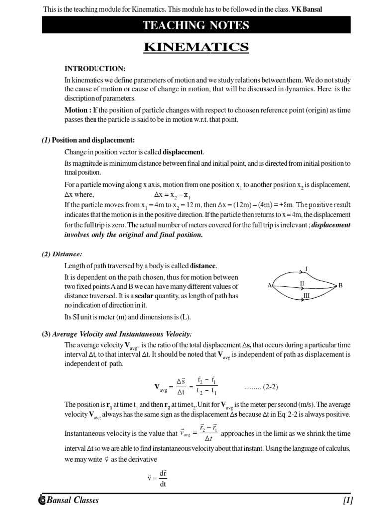 Kinematics - Teaching Notes | PDF