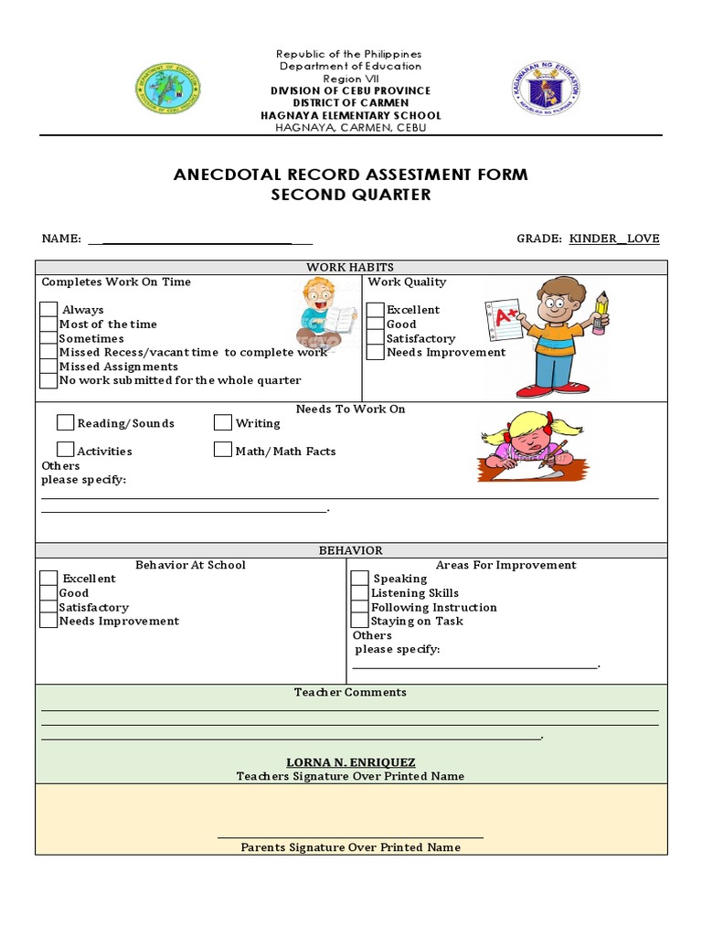 Kindergarten Anecdotal Record Template | PDF
