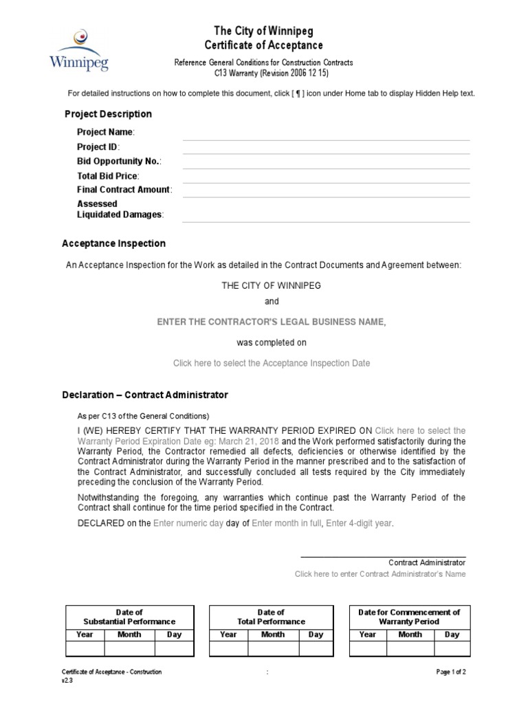 Certificate of Acceptance for Construction | PDF | Business Law ...