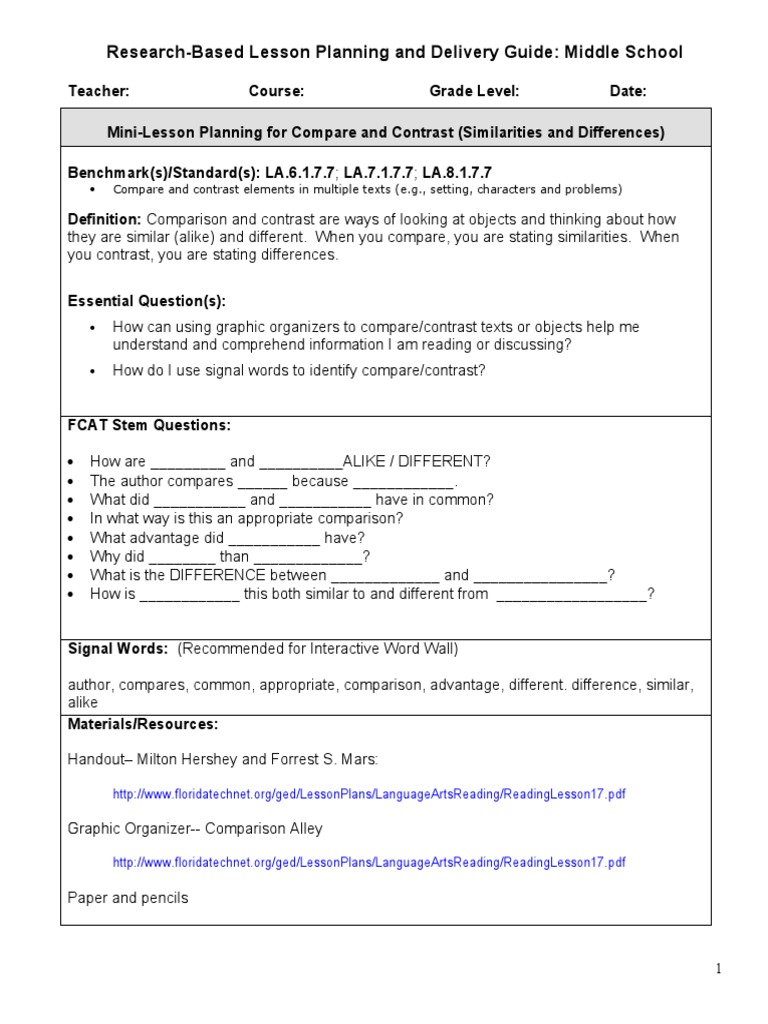 Compare and Contrast Mini Lesson | PDF