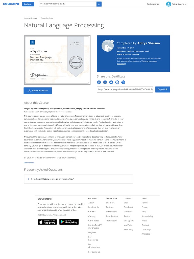 Course Certificate - Natural Language Processing - Coursera | PDF
