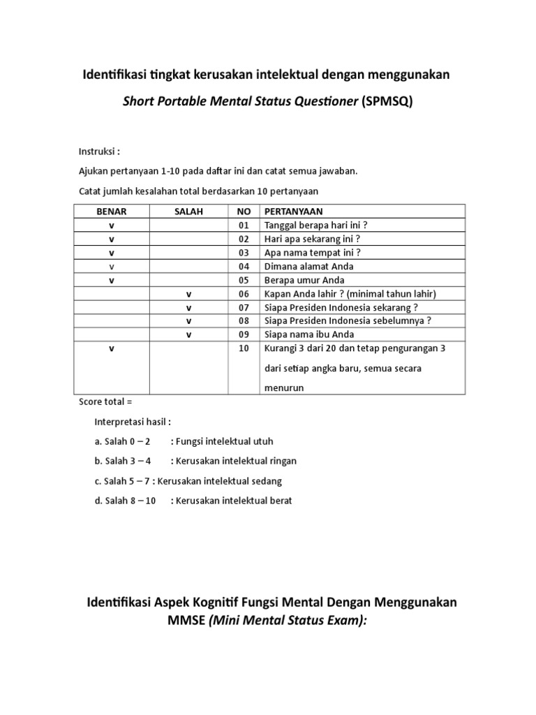 Pengkajian Kognitif Lansia dengan SPMSQ | PDF