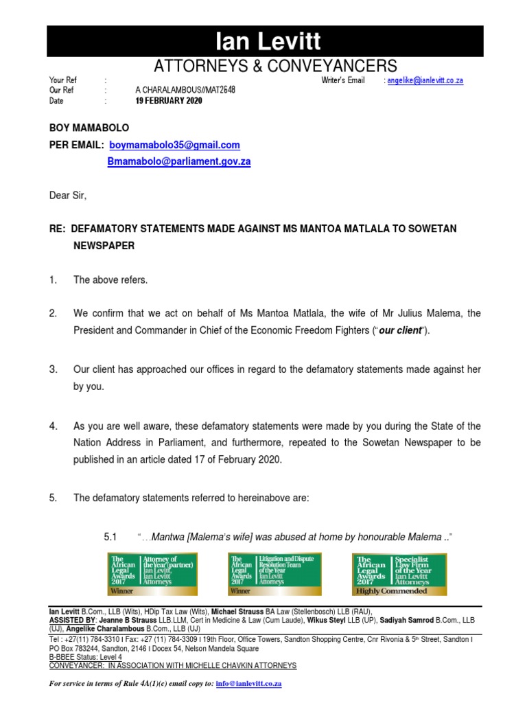 Defamation Notice for Mantoa Matlala | PDF | Law