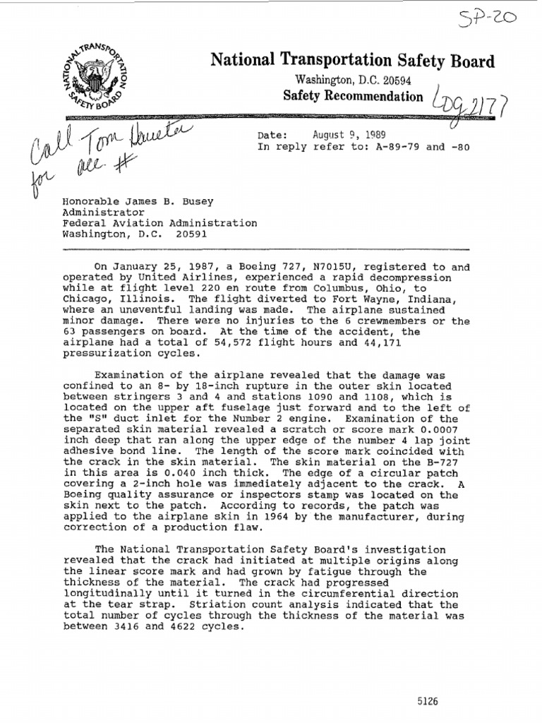 Boeing 727 Safety Recommendation A-89-079 Decompression Due To Scribe ...