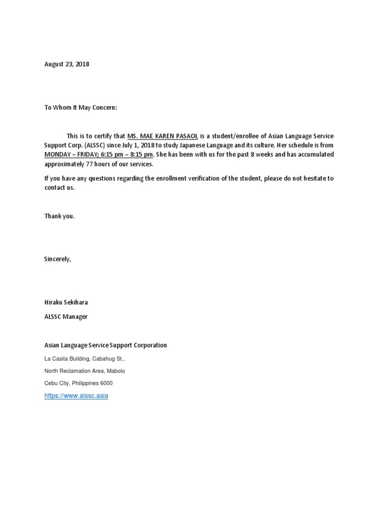 ALSSC - Enrollement Letter | PDF