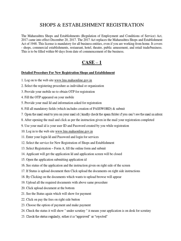Detailed Procedure For Registration of Shops and Establishment | PDF ...
