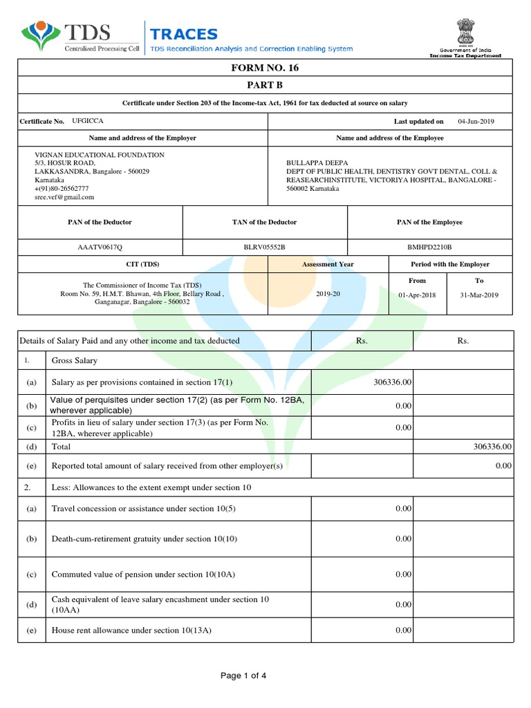 Deepa B TDS - Form 16 FY 2020 PDF | PDF