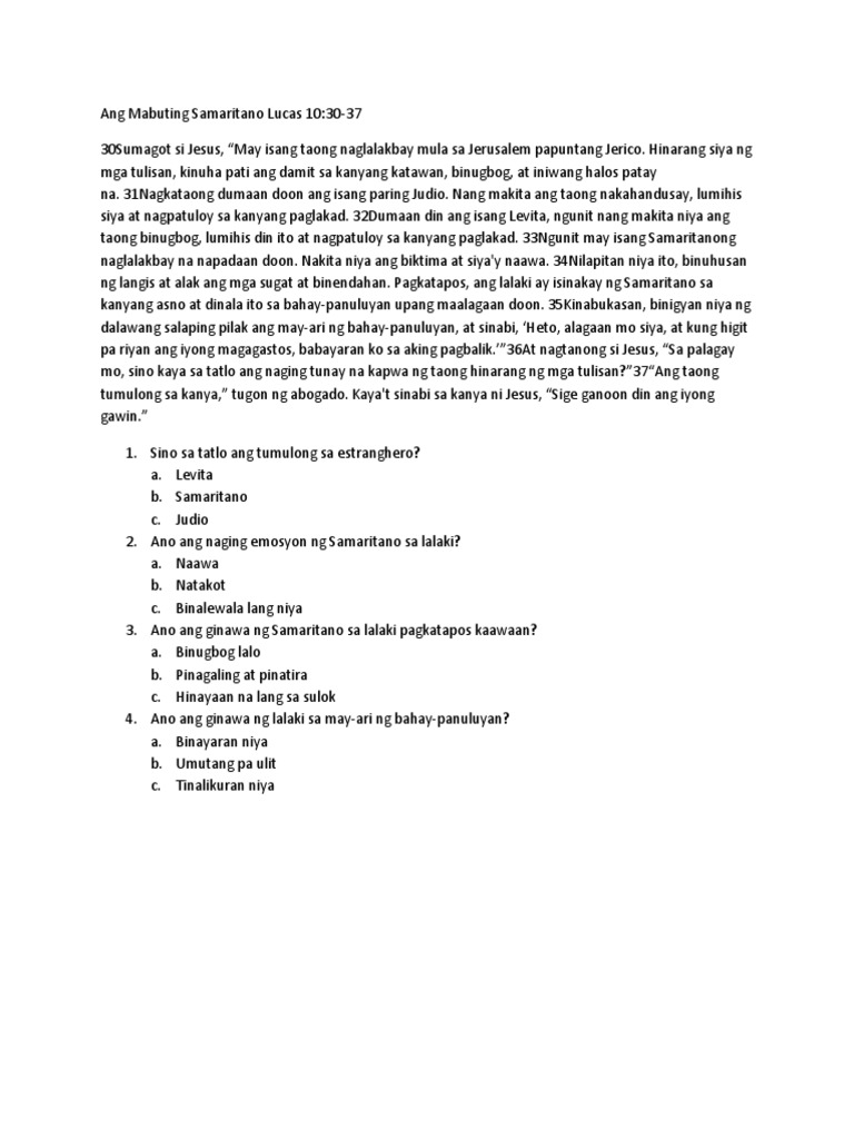 Ang Mabuting Samaritano Lucas 10 | PDF