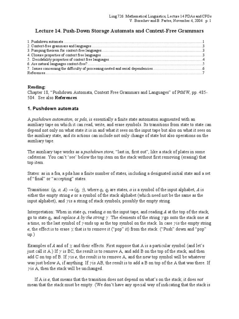 Lecture 14. Push-Down Storage Automata and Context-Free Grammars | PDF | Theoretical Computer ...