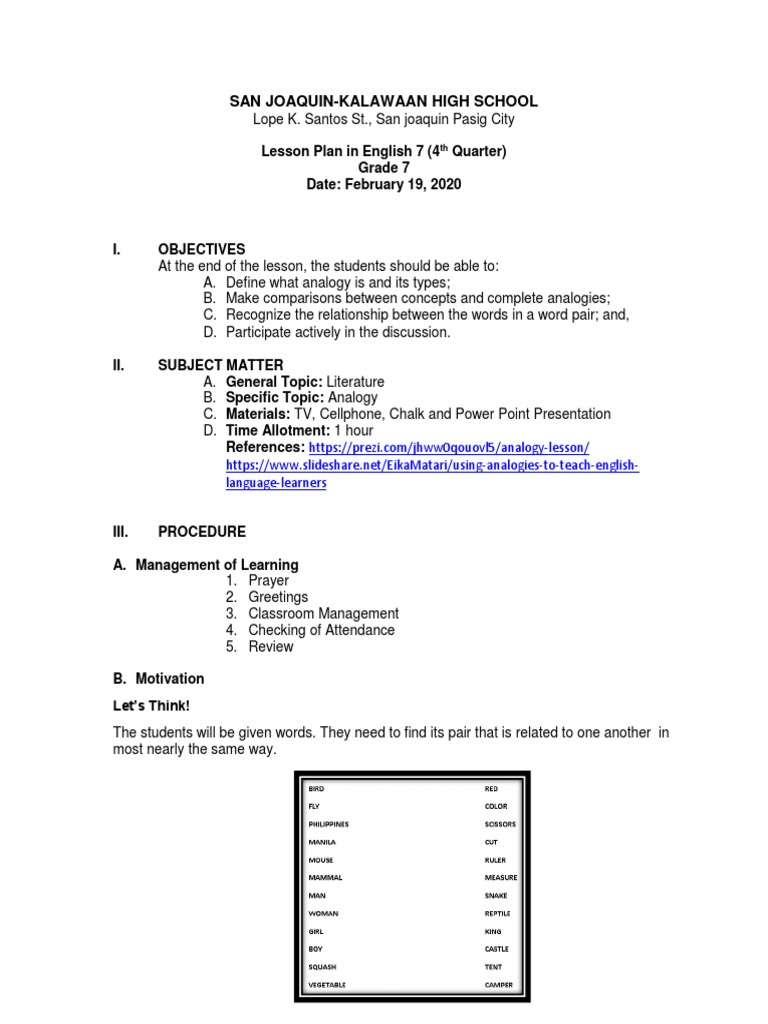 Analogy Lesson Plan | PDF | Analogy | Lesson Plan