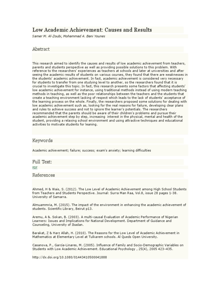 Low Academic Achievement | PDF | Teachers | Learning Disability