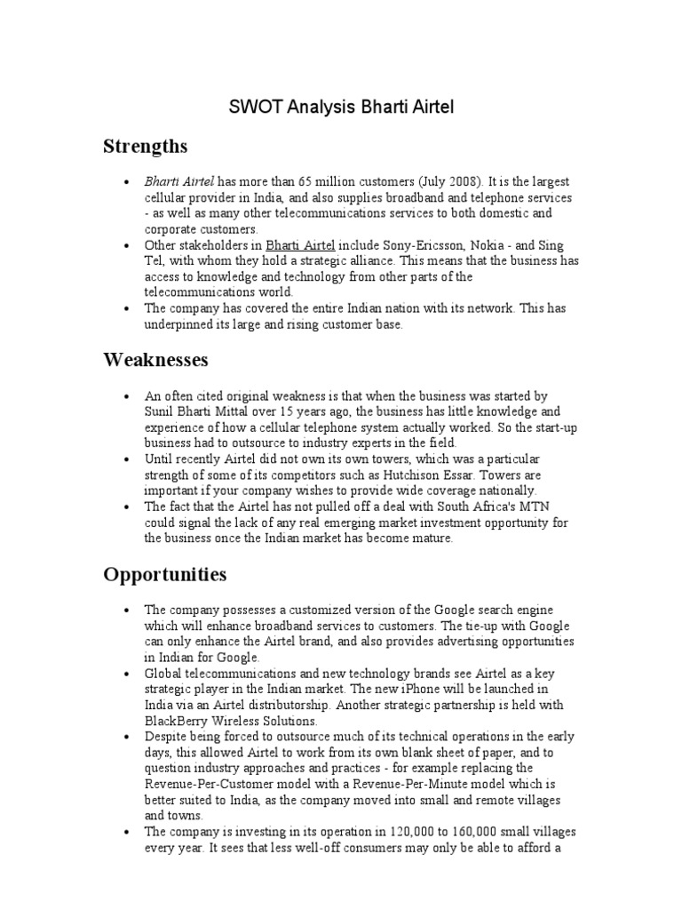 SWOT Analysis Bharti Airtel | PDF | Telecommunications | Business