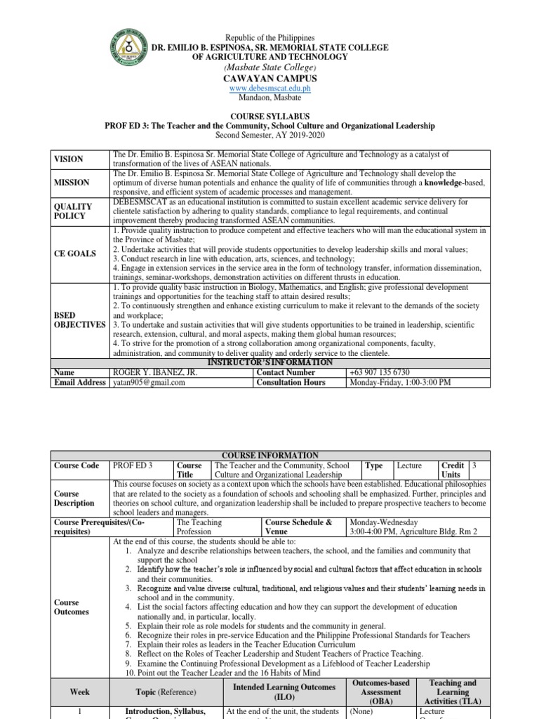 Syllabus - Prof Ed 3 - The Teacher and The Community, School Culture ...