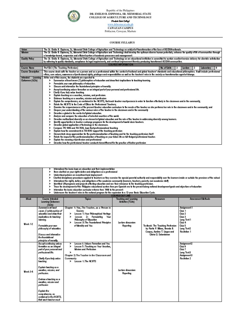 Syllabus - Prof Ed 11 - The Teaching Profession | PDF