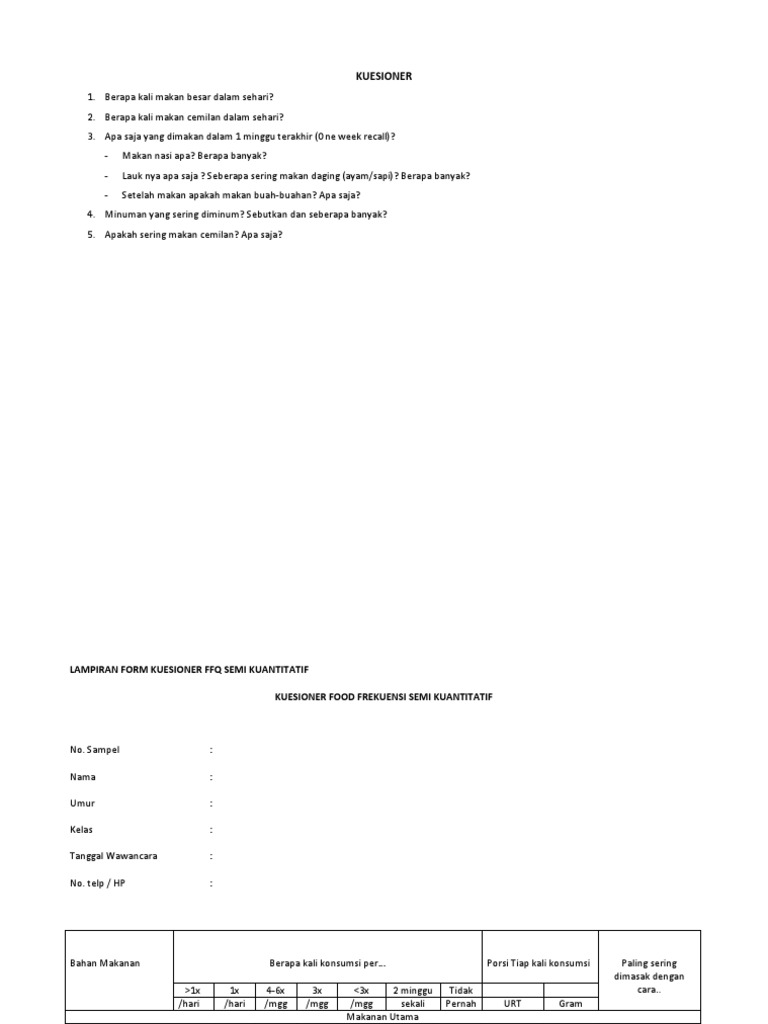 Lampiran Form Kuesioner FFQ Semi Kuantitatif | PDF