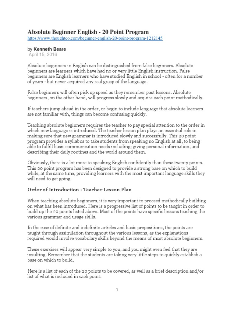 Absolute Beginner English Program Guide | PDF | Language Arts & Discipline