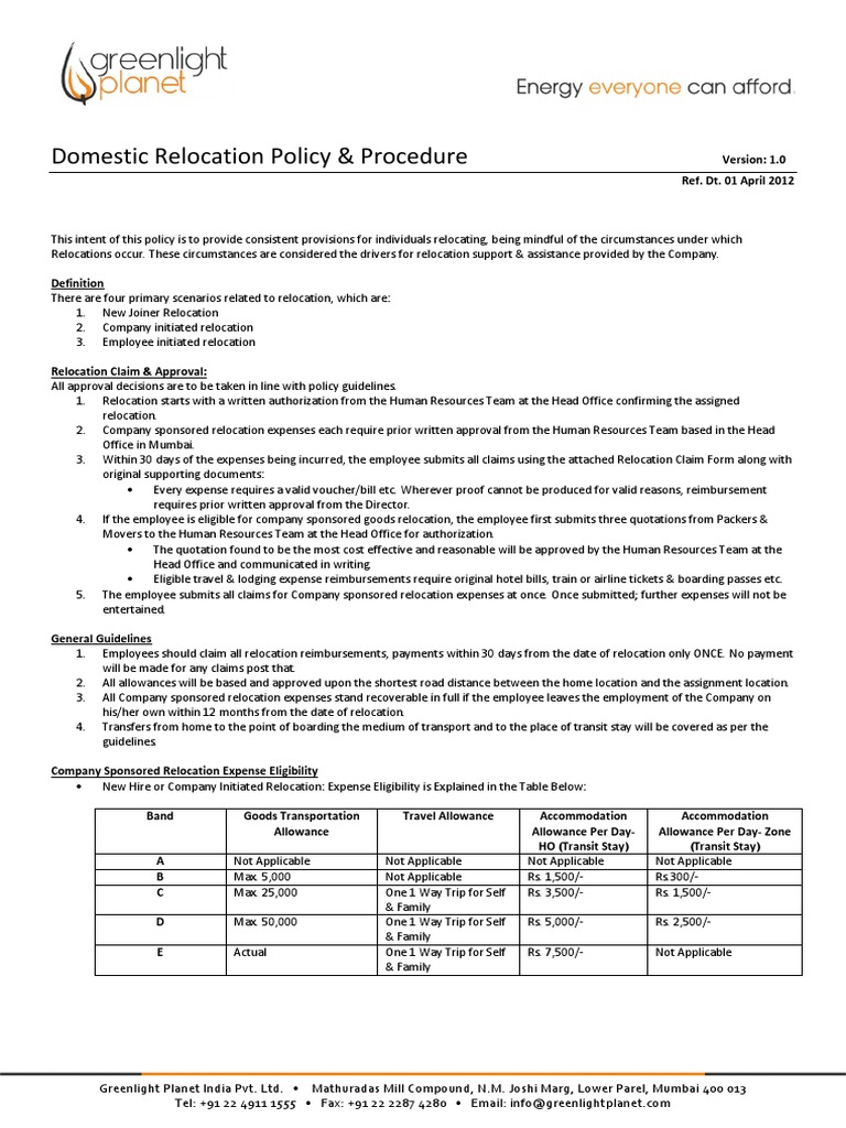 Domestic Relocation Policy - V 1 0 PDF | PDF