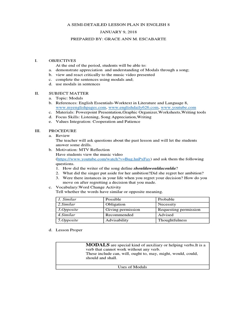 Lesson Plan Modals | PDF