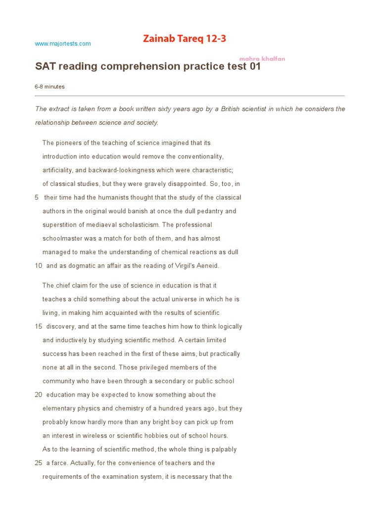 SAT Reading Comprehension Practice Test 01 | PDF | Social Science ...