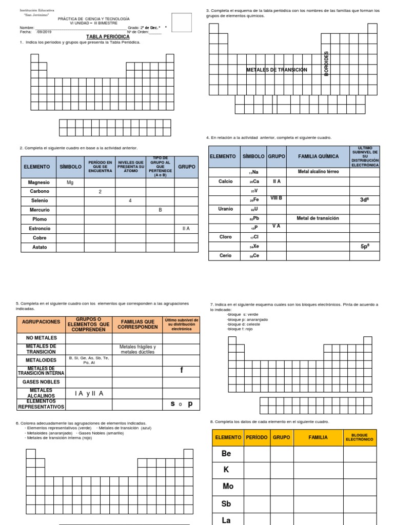 ACTIVIDADES SOBRE TABLA PERIODICA 2do | PDF