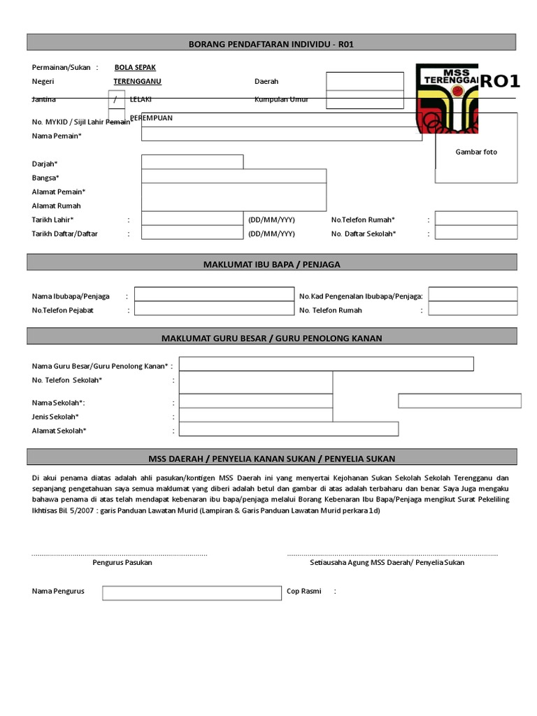 Borang Rasmi Pendaftaran Pemain R01 R02 | PDF