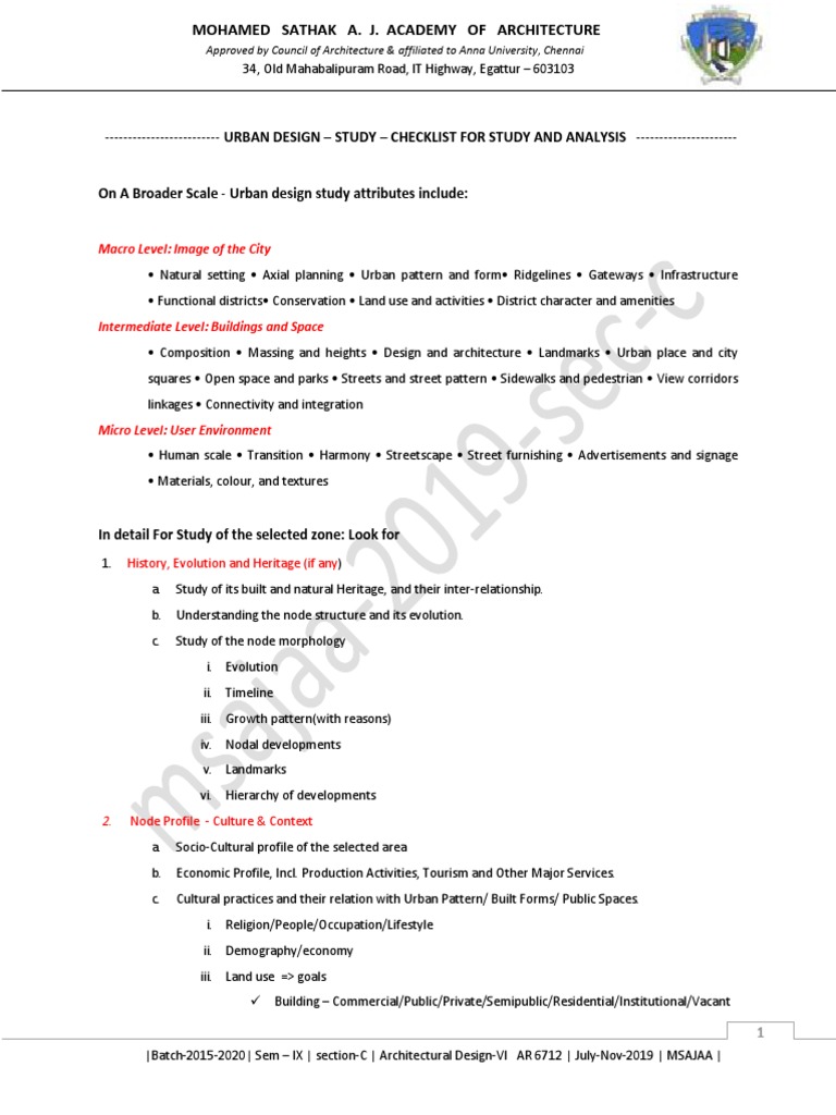 Urban Design Checklist For Study PDF | PDF