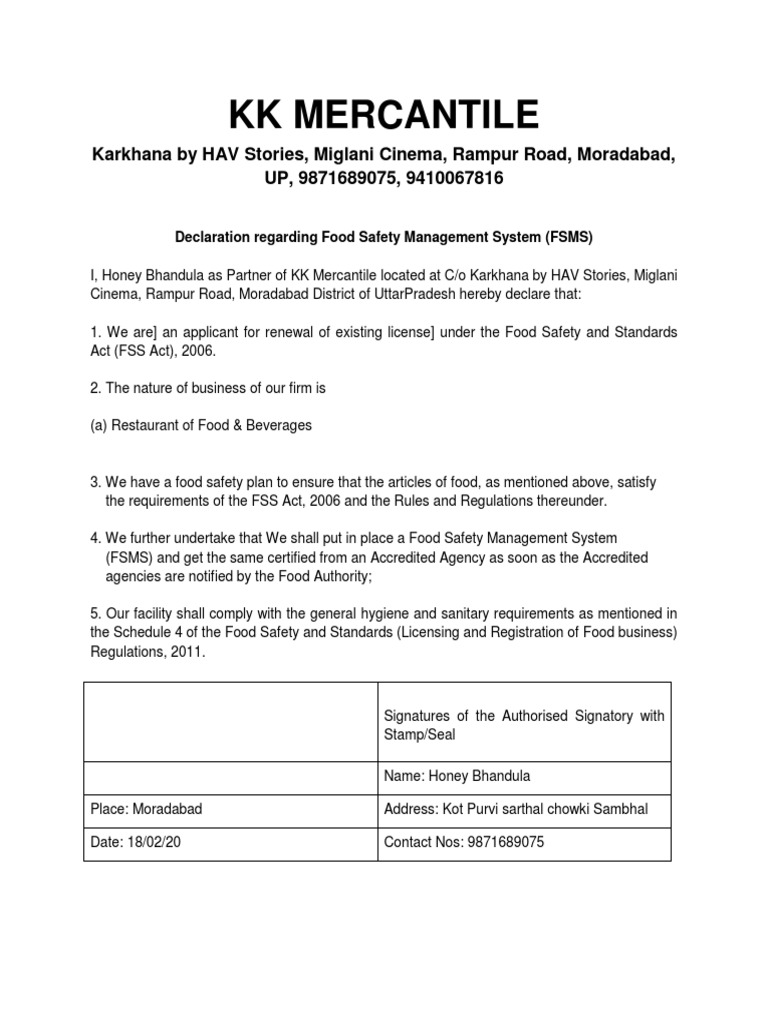 Fsms Declaration | PDF