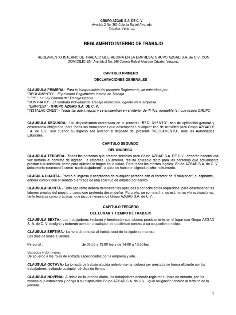 Reglamento Interno Ejemplo 1 | PDF