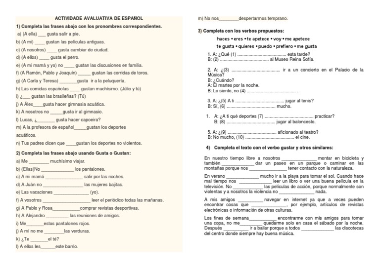 Atividade Avaliativa Verbo Gustar | PDF