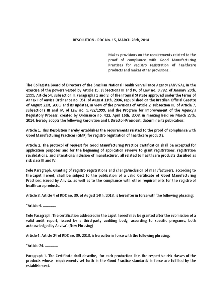 RDC 15 2014 Requirements For Proof of GMP For Registration Processes of ...