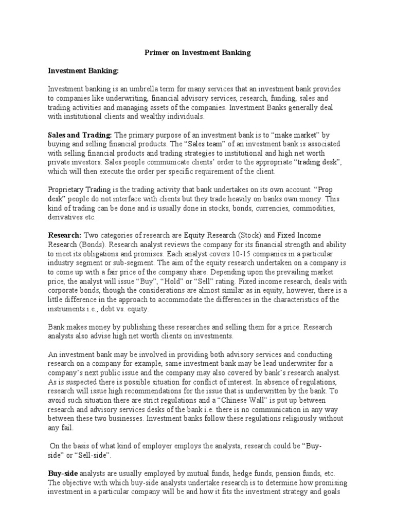 Primer On Investment Banking | PDF | Investment Banking | Financial Analyst