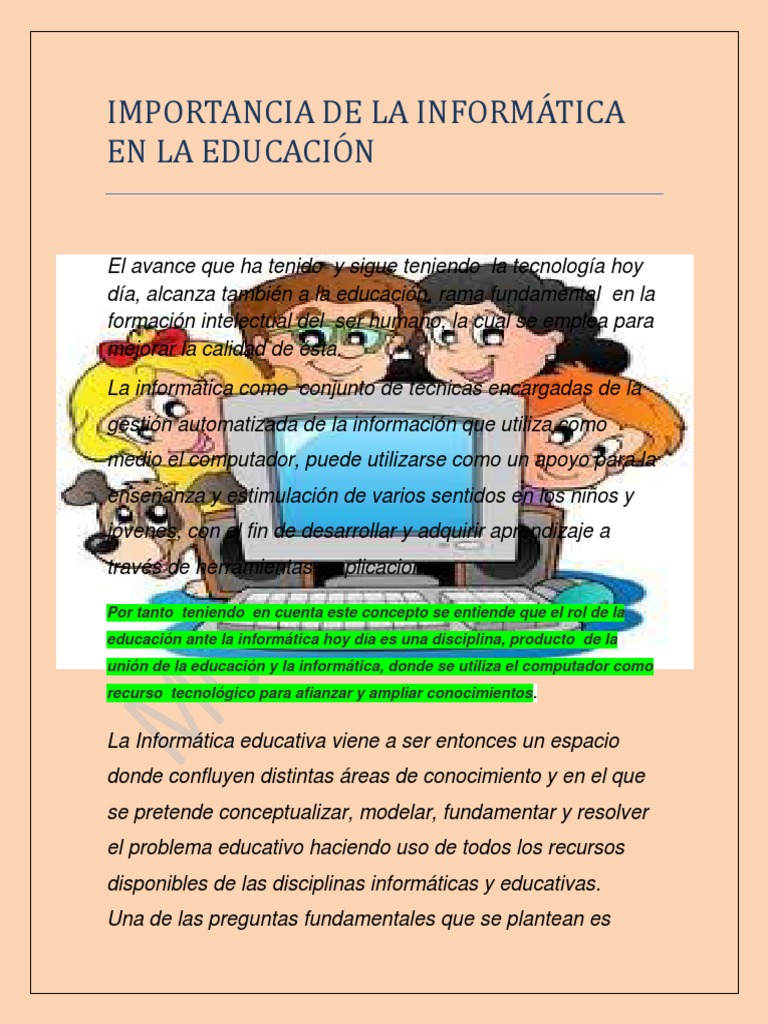 IMPORTANCIA DE LA INFORMÁTICA EDUCATIVA EN LA EDUCACIÓN - Ensayo | PDF