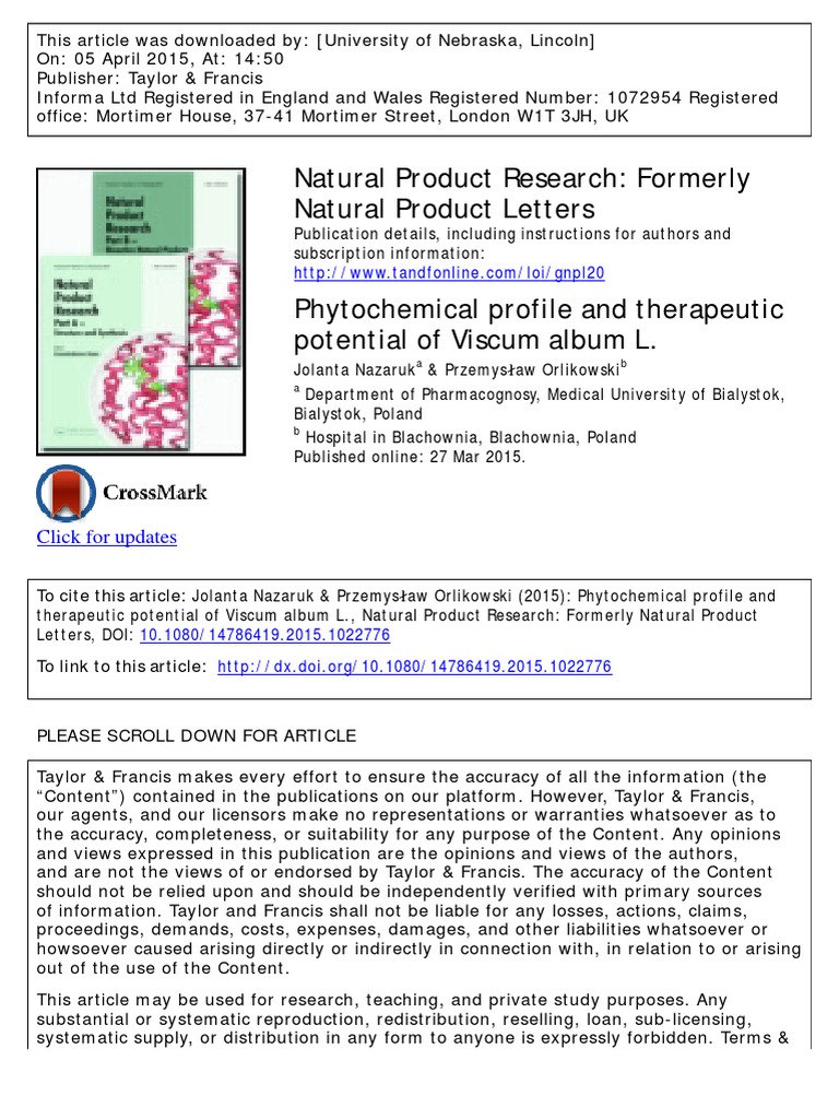 Phytochemical Pro Le and Therapeutic Potential of Viscum Album L. | PDF
