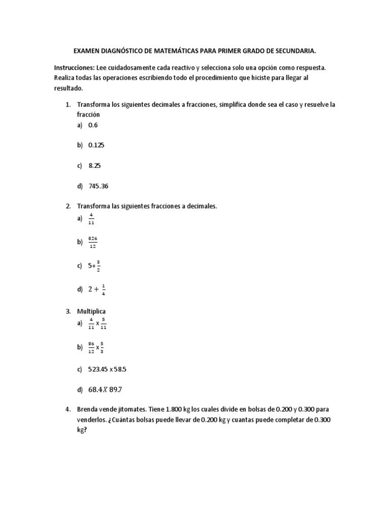 Examen Diagnóstico de Matemáticas para Primer Grado de Secundaria | PDF
