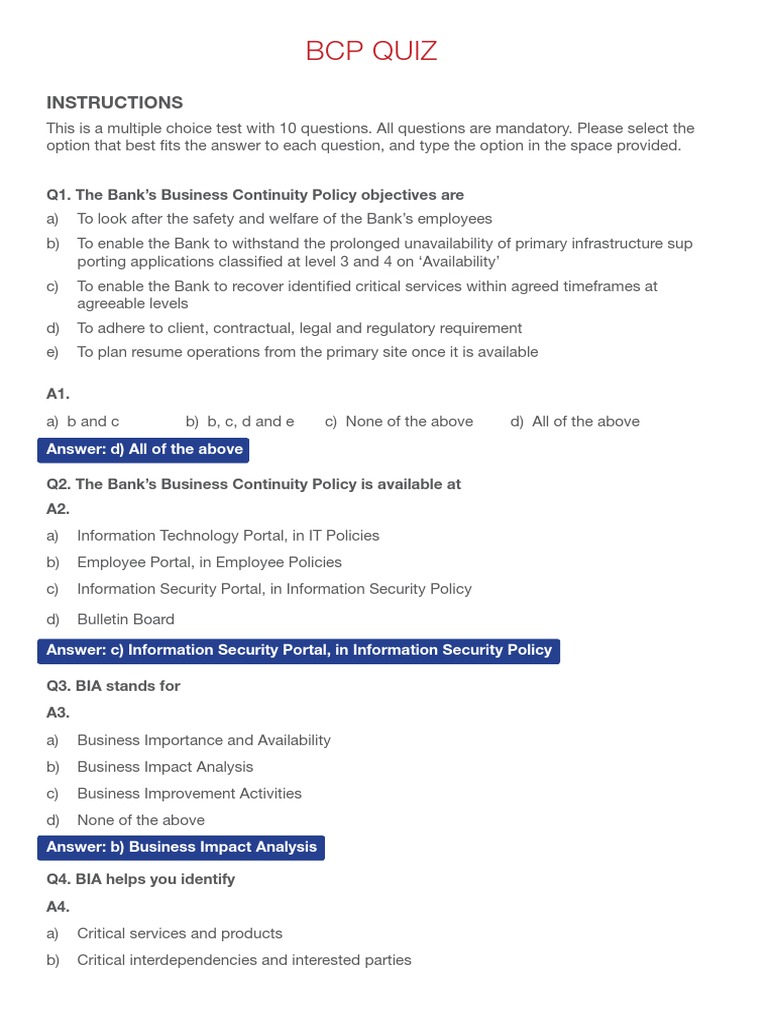 Business Continuity Policy Quiz | PDF | Computers | Technology ...