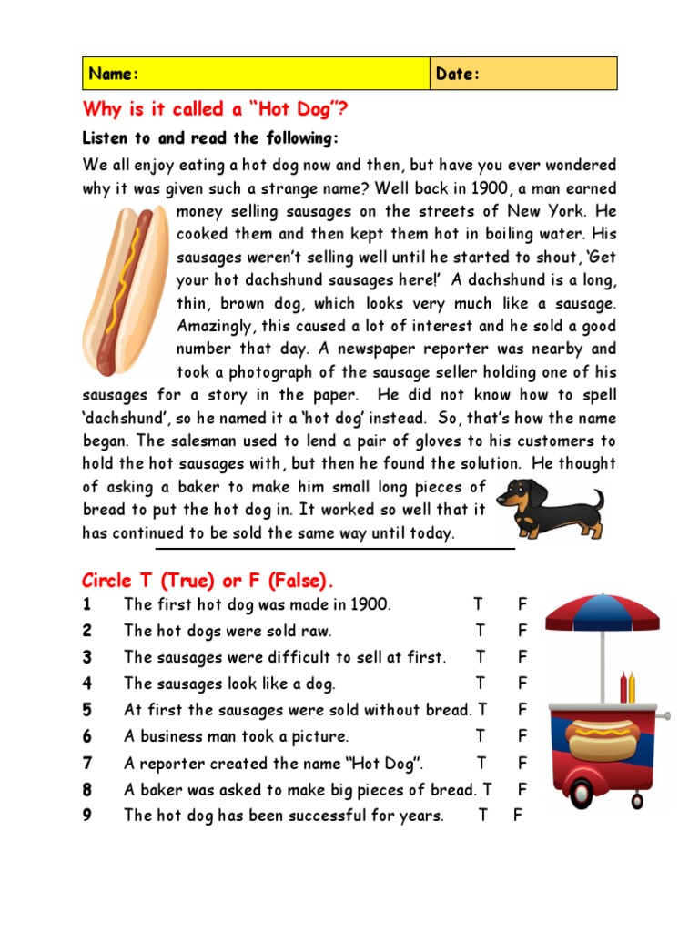 Why Is It Called A Hot Dog Reading Comprehension Exercises - 102634 | PDF