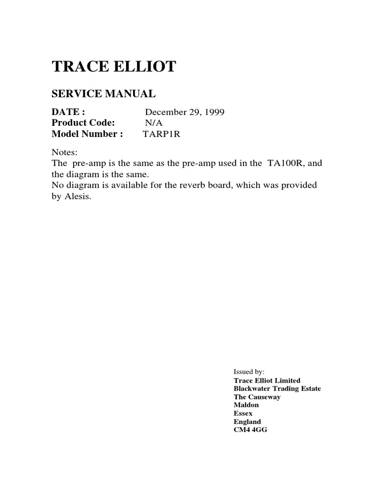 Trace-Elliot TAR1P, TA100R Preamp Service Manual | PDF