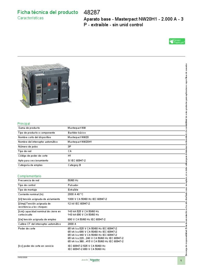 Ficha técnica Masterpact NW20H1 2000A | PDF