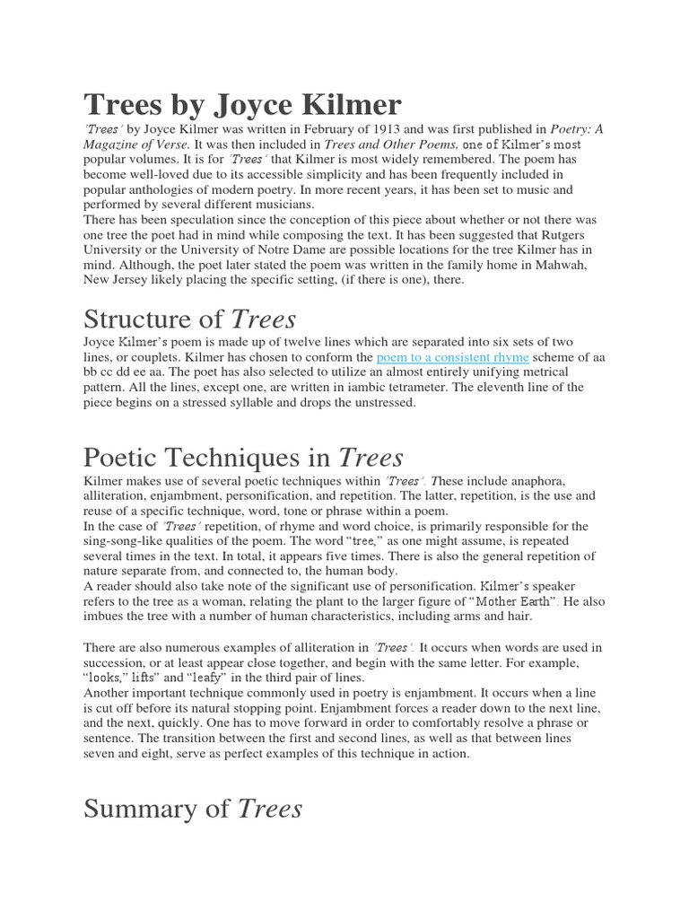 Trees by Joyce Kilmer | PDF | Language Arts & Discipline | Poetry
