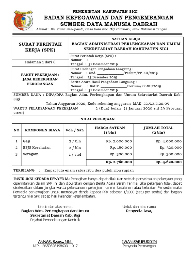Contoh Surat Perintah Kerja SPK 2020 | PDF