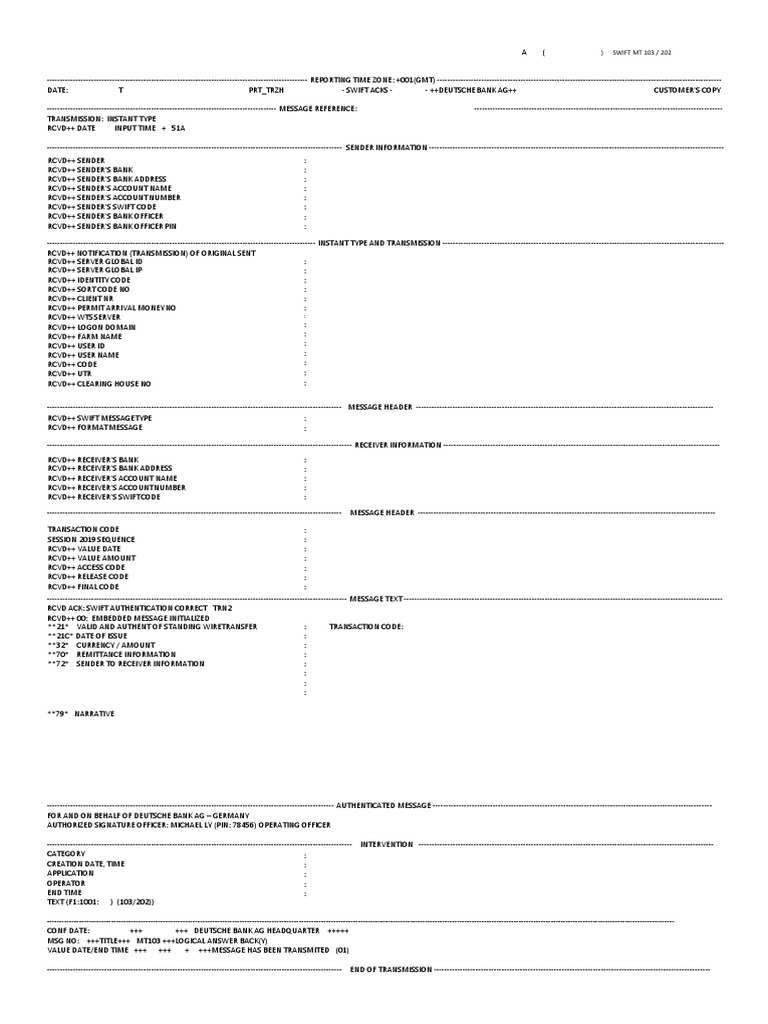 Analysis of an SWIFT MT 103/202 Message Documenting an International ...